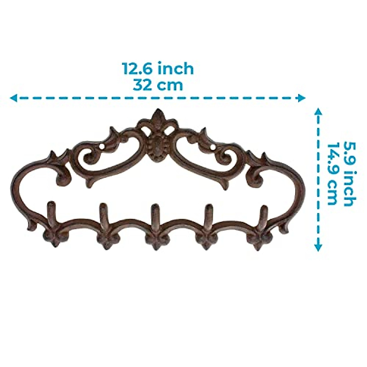 Cast Iron Wall Mounted Hanger – Vintage Design with 5 Hooks - For Keys, Towels, Robes, Clothes and More - Wall Mounted, Metal, Heavy Duty, Rustic, Vintage, Decorative Gift Idea - 12.6x5.9” | Brown