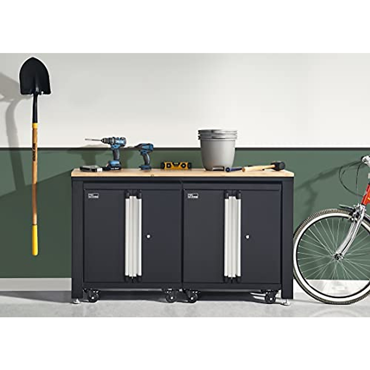 ClosetMaid ProGarage Garage Storage Base Cabinets & Workbench Top 3-Piece Set, Custom, Durable, Adjustable, Steel Construction, Black