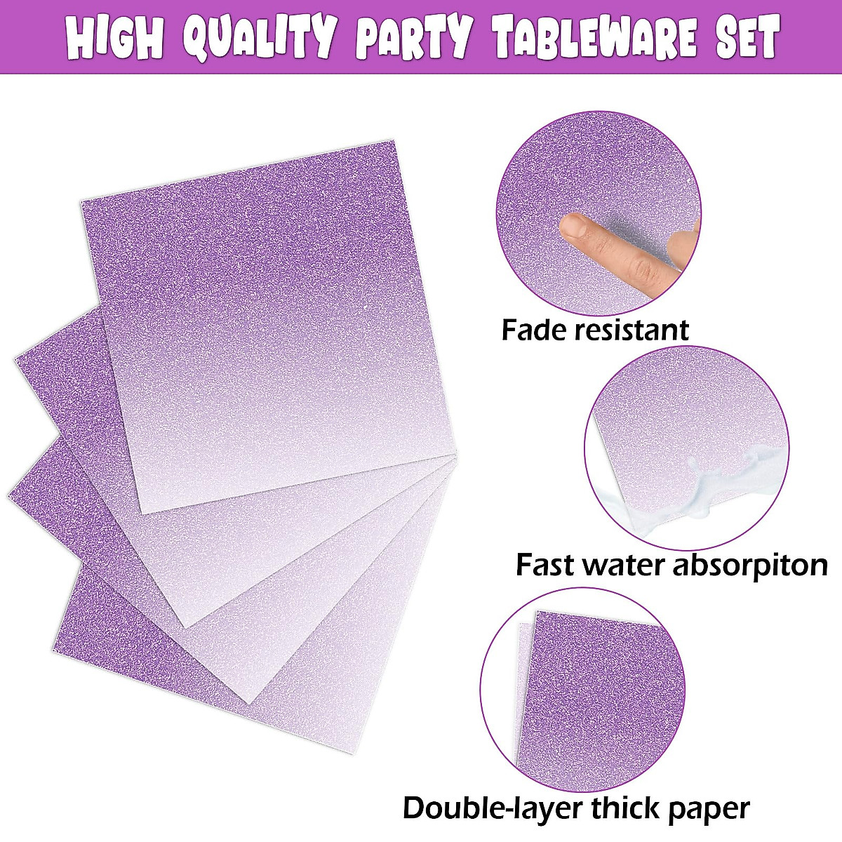 96Pcs Ombre Purple Party Decorations Supplies for Birthday Tableware Set Light Pastel Purple Paper Plates Napkins Forks for 24 Guests Wedding Anniversary Lavender Dinnerware Table Party Favors