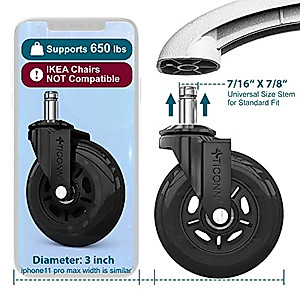 TICONN Office Chair Caster Wheels Set of 5 for Tile, Hardwood Floors and Carpets, Universal Fit for Most Chairs NOT Compatible for IKEA (Black)