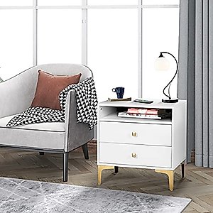 AILEEKISS Nightstands Set of 2 with Wireless Charging Function Wooden Night Stands 2 Sets with Drawers and Open Shelf Storage End Table Home Bedside Table for Bedroom (White 2 Sets)