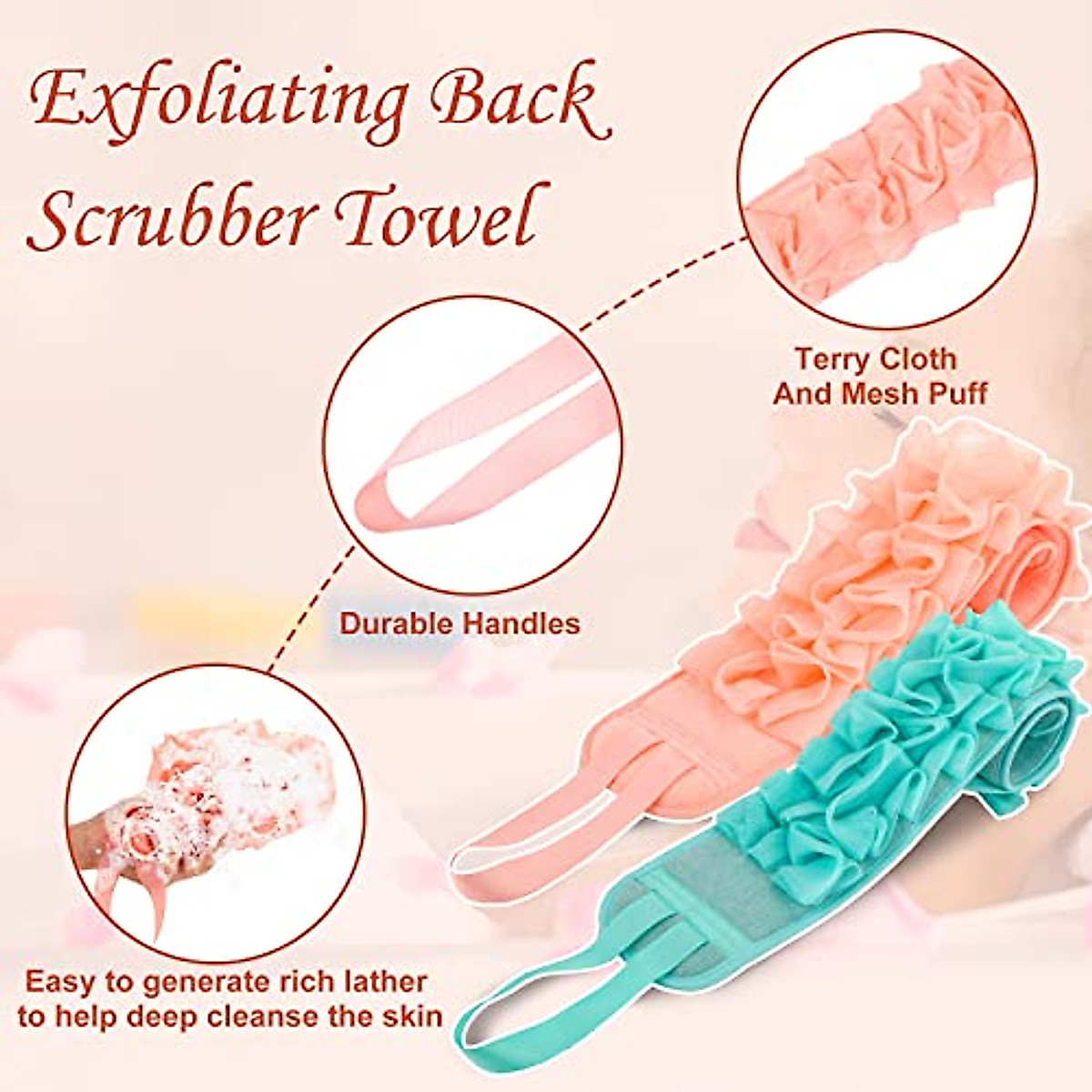 2 Pack Exfoliating Back Scrubber Double Sided Exfoliating Cloth with Strap Long Body Scrub Sponge Shower Loofah with Handle for Women Men Deep Clean Body Washing (Pink, Blue, Soft Cloth)