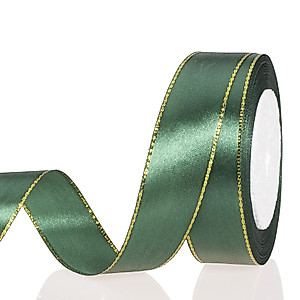 YASEO 25 Yards 1 Inch Dark Green Satin Ribbon with Gold Edges, Gold Border Fabric Ribbons for Gift Wrapping and Crafts