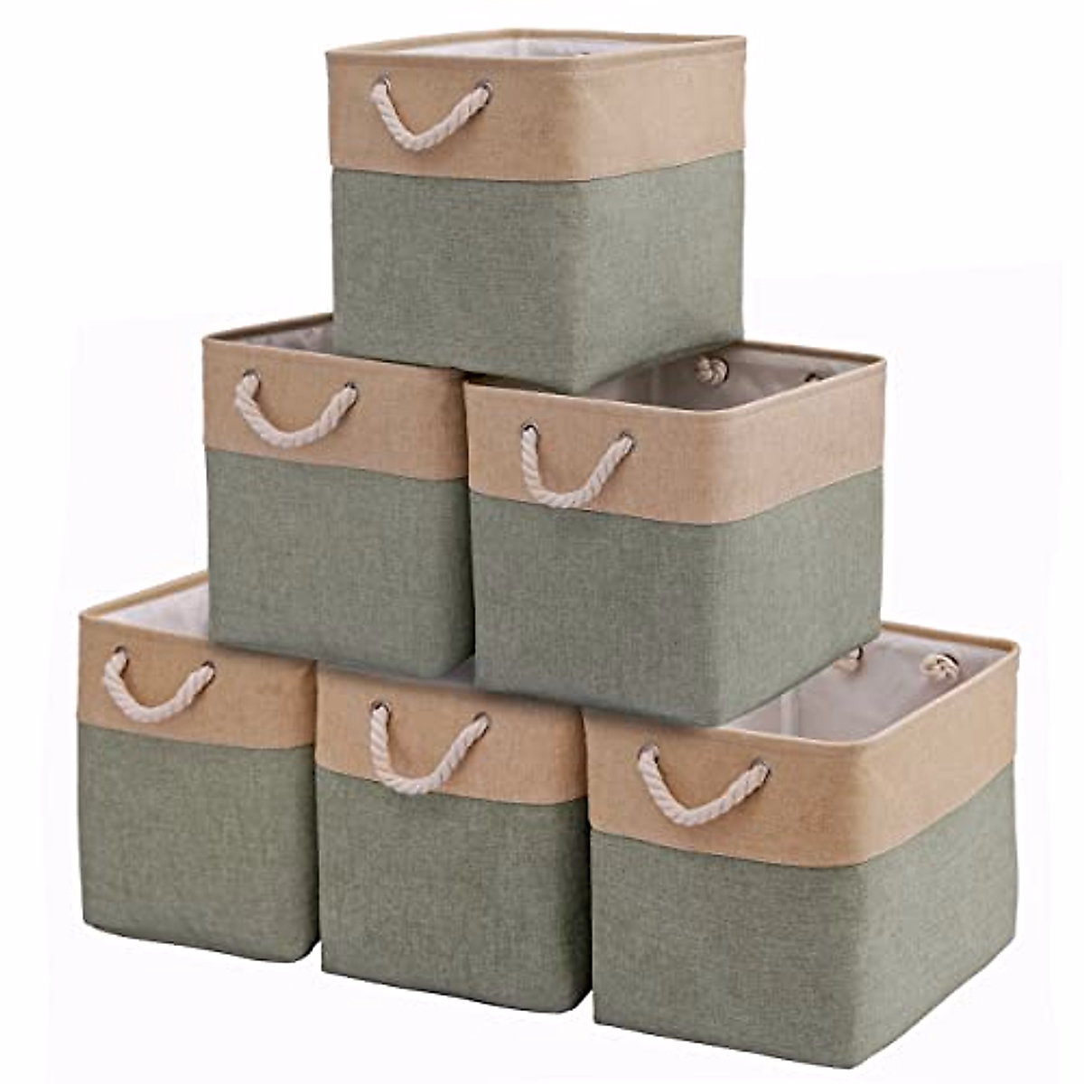 Large Cube Storage Baskets Organizer (10.5" x 10.5" x 11") for Clothes Toys Towel Books, Canvas Fabric Sturdy Collapsible Storage Boxes with Cotton Handles for Closet, Shelves (Green/Brown, 6 Pack)