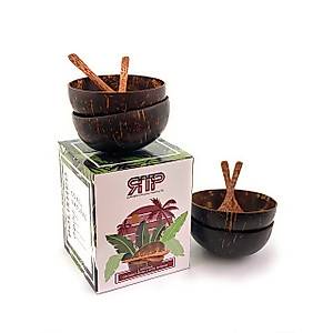 RobinsonTaylor Products 4 Organic Coconut Bowls with Spoons: Set of 4-100% Natural, Vegan, Organic, Eco-Friendly and Plant Polished Coconut Bowls with Wooden Spoons