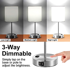 Touch Control Table Lamp, 3-Way Dimmable Lamp with 2 Fast Charging USB Ports & Power Outlet, Bedside Lamp, Nightstand Lamp, USB Lamp for Bedroom, Living Room, Office, Daylight White Bulb Included