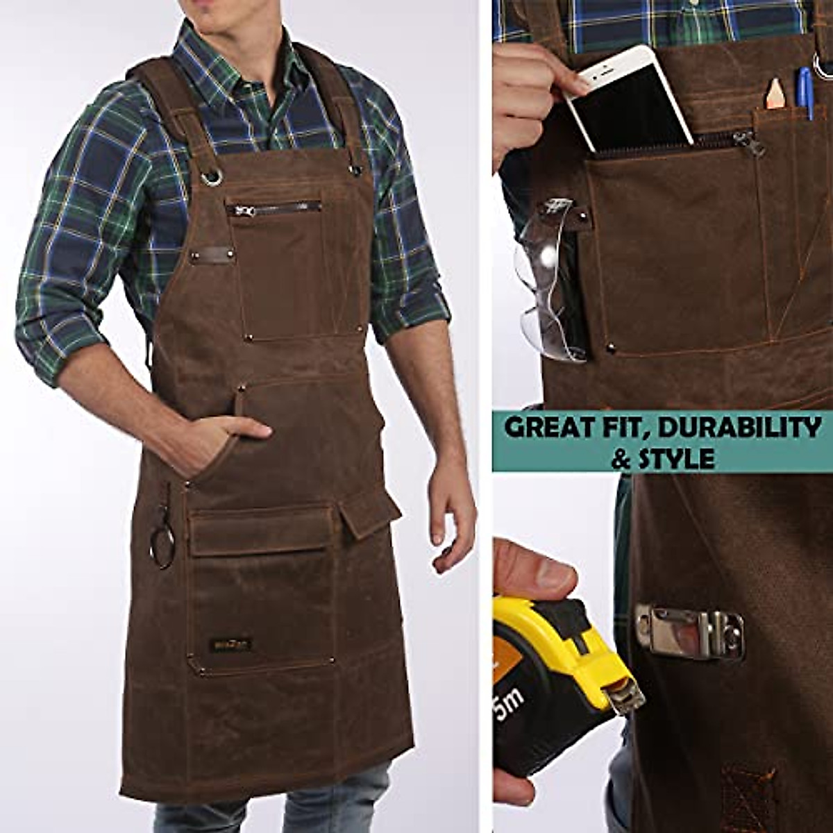 Woodworking Shop Apron - 16 oz Waxed Canvas Work Aprons | Metal Tape holder, Fully Adjustable to Comfortably Fit Men Size S to XXL | Tough Tool Apron to Give Protection, Ideal Fathers Day GIft for Dad