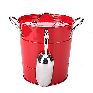 T586 4L Red Metal Double Walled Ice Bucket Set With Lid And Scoop