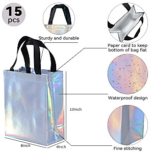 Reusable Gift Bags With Handles,Iridescent Gift Bags Set of 15 Medium Reusable Shopping Bags With for Party Favor Bags,Goodie Bags, Birthday Gift Bag 8x4x10 Inch