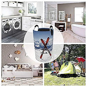Dujiea 82L X-Large Laundry Basket Tall, Pair Of Cross Skis In Snow Collapsible Laundry Hampers with Aluminium Handles Big Clothes Basket Kids Laundry Bin Round Storage Basket for Dorm Room