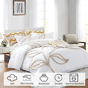Rvciby Boho Leaf Duvet Cover Queen Size,Soft Microfiber Bedding Set with Tassel and Tufted Pattern,3 Pieces,1 Duvet Cover with Zipper Closure & Corner Ties and 2 Pillow Shams,90 X 90 Inches (White)