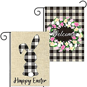 GROBRO7 Easter Buffalo Plaid Garden Flag Burlap Rabbit Flag House Decorative Welcome Checkered Yard Decoration Double Sided Print Seasonal Outdoor Décor for Happy Easter Day 12"x18"