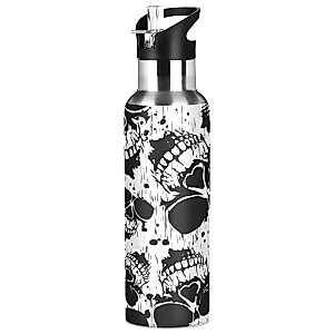 Glaphy Vintage Skulls Retro Water Bottle with Straw Lid, BPA-Free, 20 oz Water Bottles Insulated Stainless Steel, for School, Office, Gym, Sports, Travel