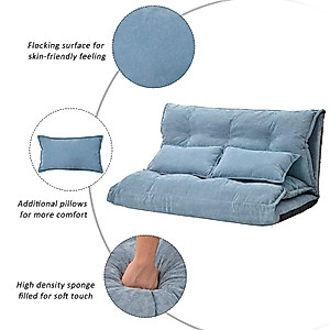 Harper & Bright Designs Floor Sofa Adjustable Lazy Sofa Bed, Foldable Mattress Futon Couch Bed with 2 Pollows, Blue