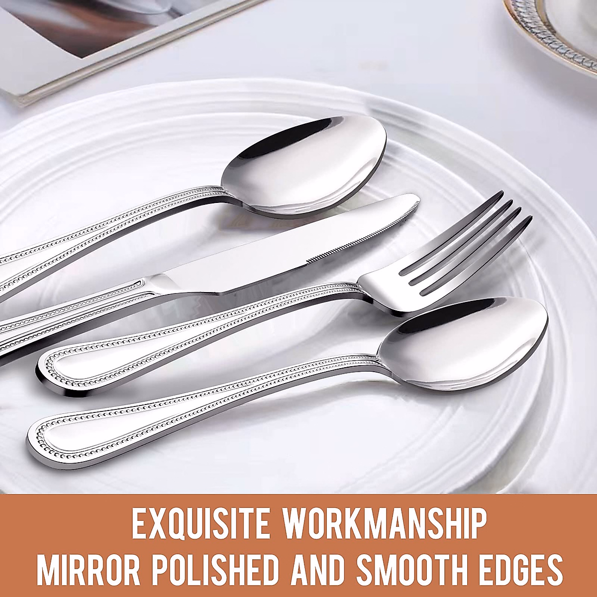 Paincco 60-Piece Silverware Set Service for 12, Stainless Steel Flatware set, Pearled Edge Cutlery Set Includes Knife Fork Spoon, Beading Eating Utensil for Home Kitchen Restaurant, Dishwasher Safe