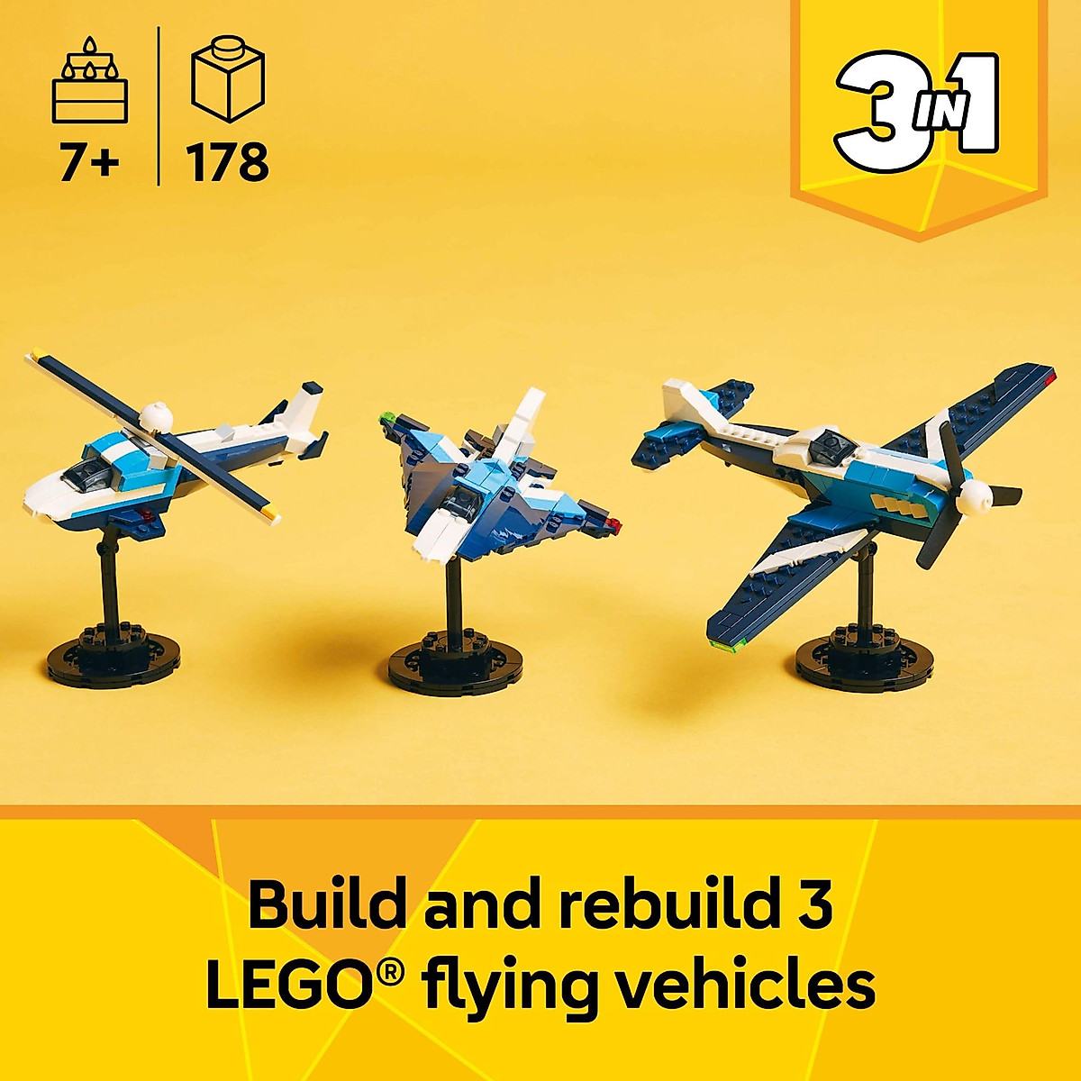 LEGO Creator 3 in 1 Aircraft Race Plane Toy - Building Toy with 3 Building Options, Airplane, Fighter Jet, or Helicopter - Gift Idea for Kids, Boys and Girls, Ages 7+ - 31160