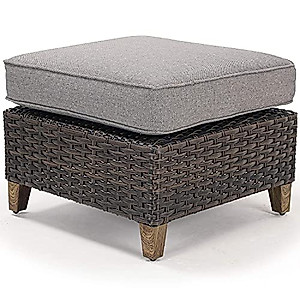 Outdoor Patio Ottoman Footstool Rest with Premium Fabric Soft Removable Cushion All Weather Rattan Wicker Ottoman Seat with Slatted Steel for Garden Yard Lawn Poolside, Dark Brown