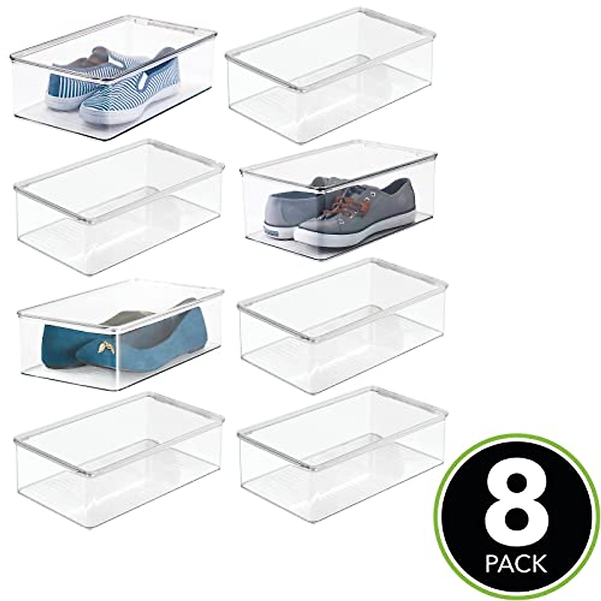 mDesign Plastic Closet Organizer Box Containers with Hinged Lid for Bedroom Shelves/Cabinets, Holds Flats, Sandals, Sneakers, Dress Shoes, Heels, Booties, and Wedges, Lumiere Collection, 8 Pack, Clear