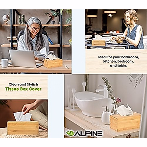 Alpine Industries Wooden Bamboo Rectangular Tissue Box Cover - Eco Friendly Pull Holder/Dispenser - Decorative Organizer for Bathroom, Office Desk & Car (Bamboo)