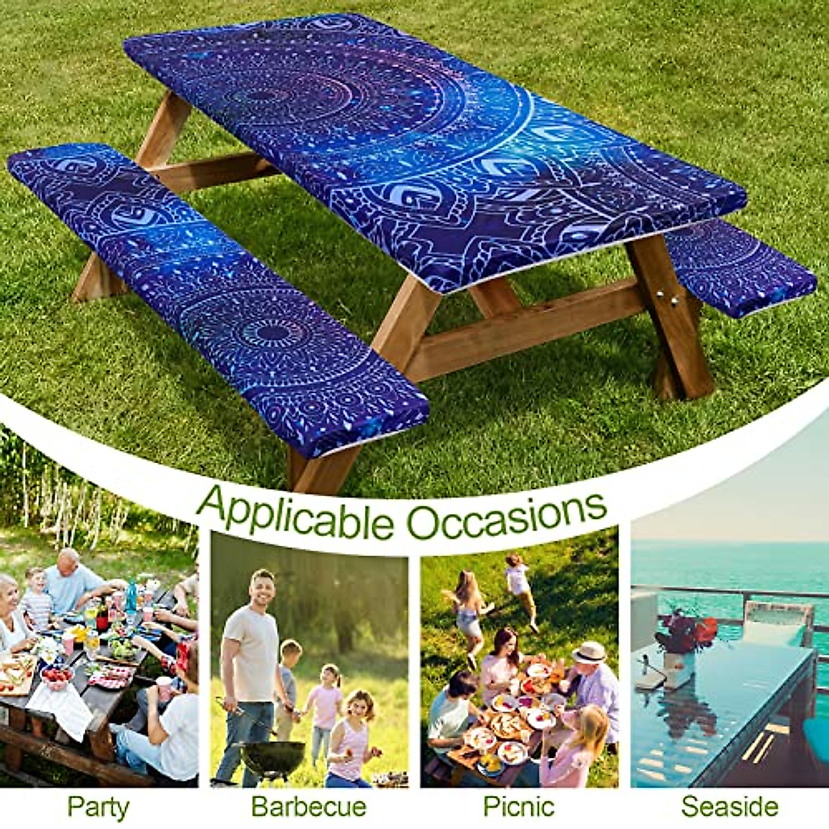 Picnic Table Cover with Bench Covers 3 Pcs Waterproof Windproof Camping Tablecloth with Drawstring Bag, Fitted for 6 Foot Rectangle Tables and Seats, Blue Purple