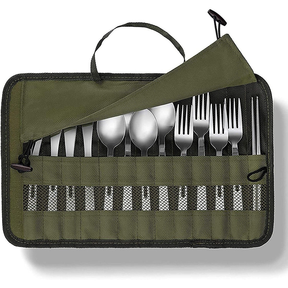 xiaoguozi Cutlery Storage Bag,Portable Polyester Roll Up Pouch Bag For Forks, Spoons, Chopstick,Water Resistant Storage Kitchen Cooking Utensil Set Travel Organizer, Army Green