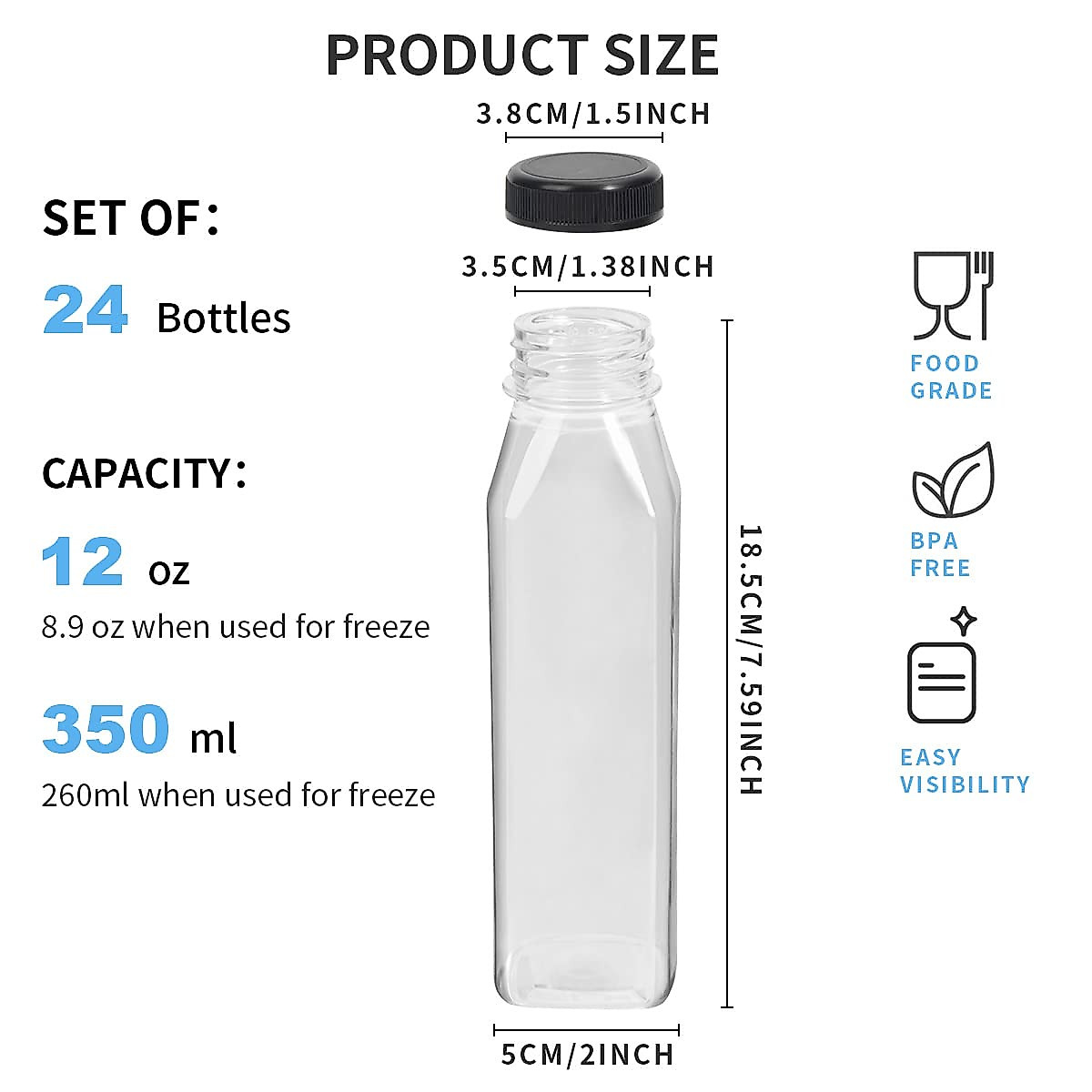 24 Pack 12OZ Plastic Juice Bottles with Caps, OAMCEG Juice Containers with Lids for Fridge, Reusable Smoothie Bottles, Empty Clear Bulk Beverage Container with Black Tamper Evident Lids (Square, 12oz)