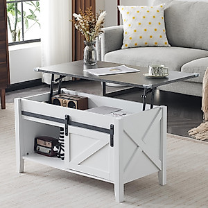 VINGLI White Charcoal Lift Top Coffee Table, 36" Small Farmhouse Barn Door Coffee Table with Storage, Rectangular Center Wood Coffe Table with Lifting Top, Living Room Tables with Hidden Compartment