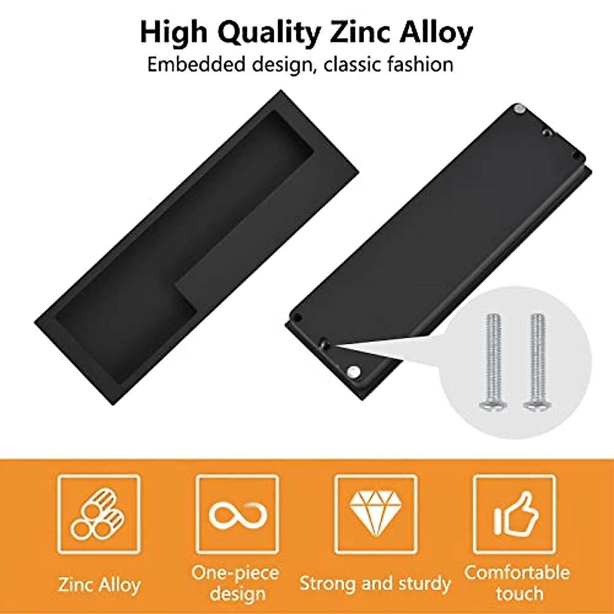 Morobor Zinc Alloy Flush Pull Handles, 2pcs Embedded Sliding Door Handle with Hidden Screws, 7.95'' Modern Simple Door Pull Handle for Sliding Barn Drawer Cupboard Wardrobe/Matte Black