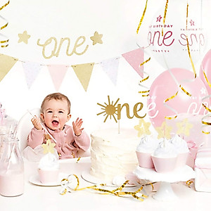 Cake Topper for Baby 1st Birthday - Gold Glitter Sunshine First Anniversary Shower Topper, Single-sided Sun ONE Birthday Cake Smash Topper For Photo Booth Props, Party Cake Decorating Supplies