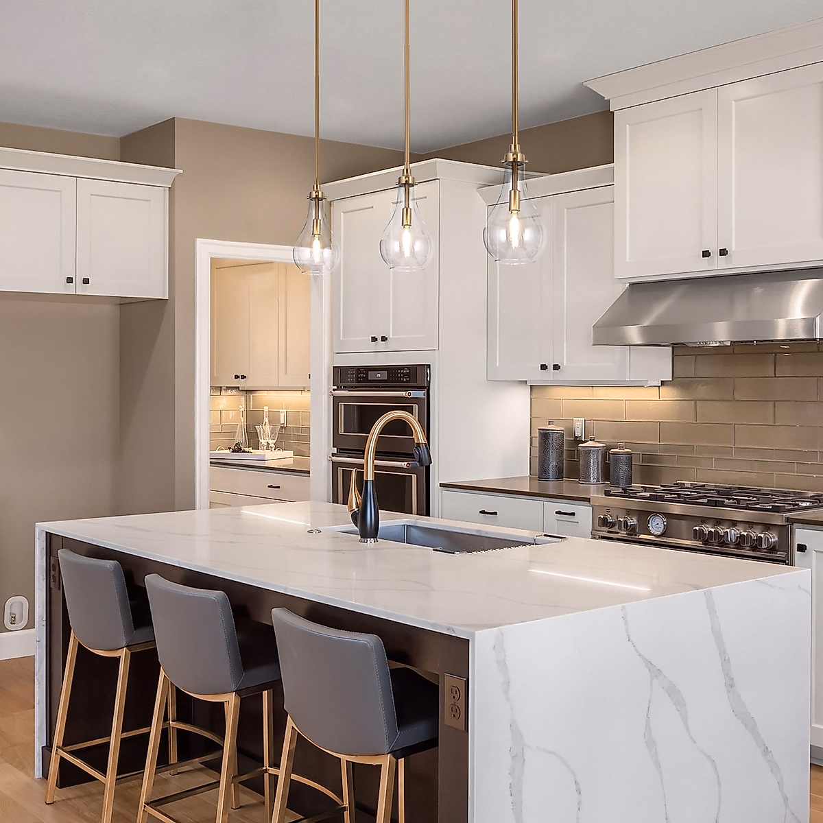 KSANA Gold Glass Pendant Lighting for Kitchen Island, Modern Electroplated Hanging Light Fixture with Clear Glass Shade for Dining Room, Hallway, Bedroom, Foyer and Entryway