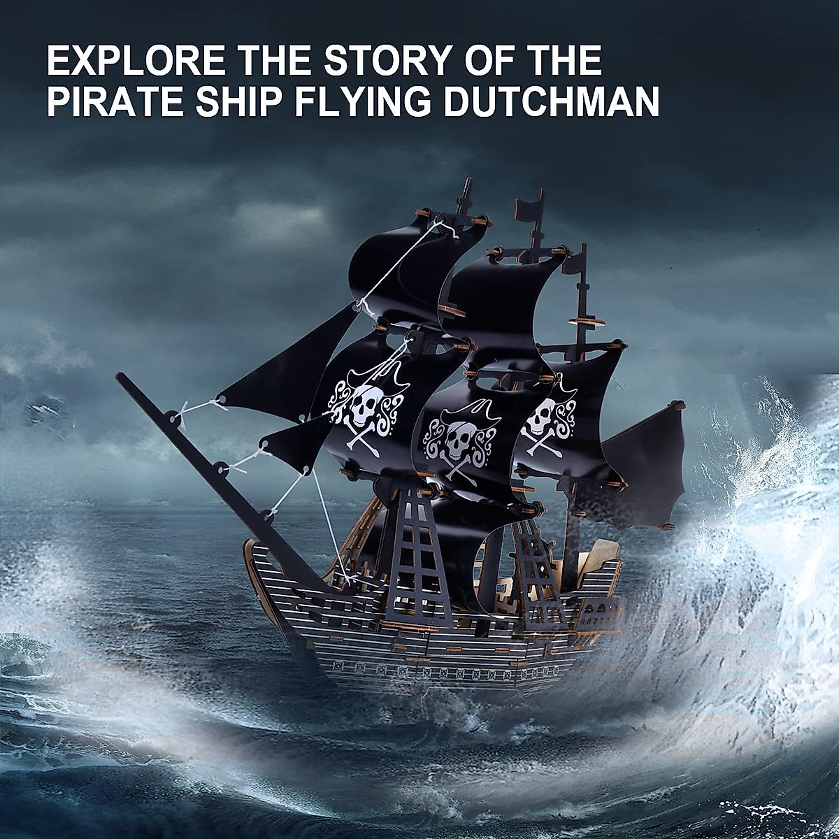 Jigtoy 3D Wooden Puzzle - 22.9" Large Black Pearl Pirate Ship Puzzles - Fun & Educational DIY Ship Building Kit - Easy to Assemble for Kids and Adults - Unique Decoration Toy 141 Pieces