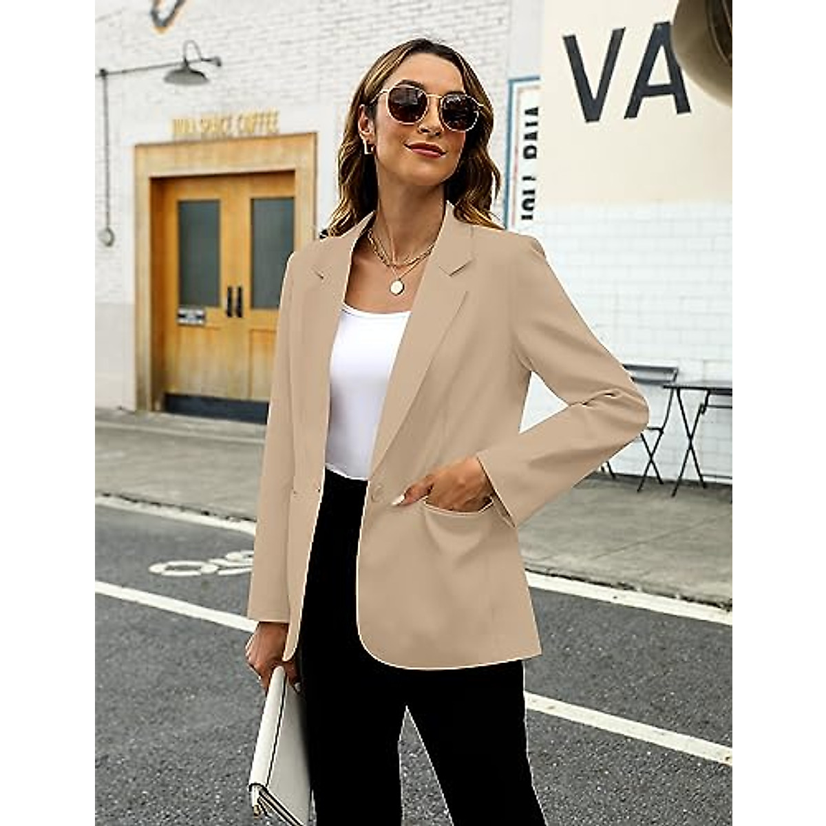 Sucolan Open Front Blazer for Women Business Causal Suit Jackets Fitted Long Sleeve Blazer Jackets Khaki M