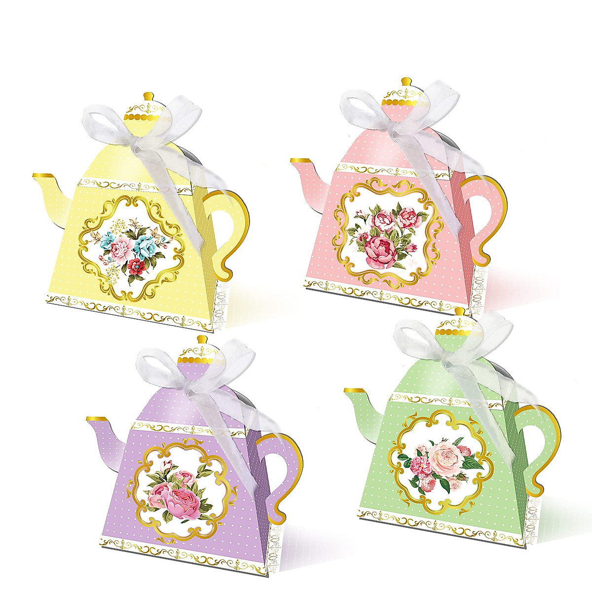 24 PCS Floral Tea Party Favor Bags Teapot Favor Boxes Tea Time Party Decorations for Birthday Wedding Bridal Baby Shower Tea Party