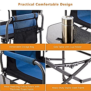 MaiuFun Folding Camping Chair with Side Table Portable Outdoor Director Chairs Heavy Duty Quad Support 330 lbs High Back Thicken Oxford with Padded Armrests, Storage Bag, Cup Holder(Blue)