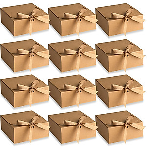 AIEX 12 Pcs Gift Boxes with Lids, 4.5" x4.5"x2" Present Boxes Square Gift Box with Champagne Wrap Ribbons, Gift Wrap Boxes for Birthday Wedding Party Christmas Chocolate Candy (Brown)