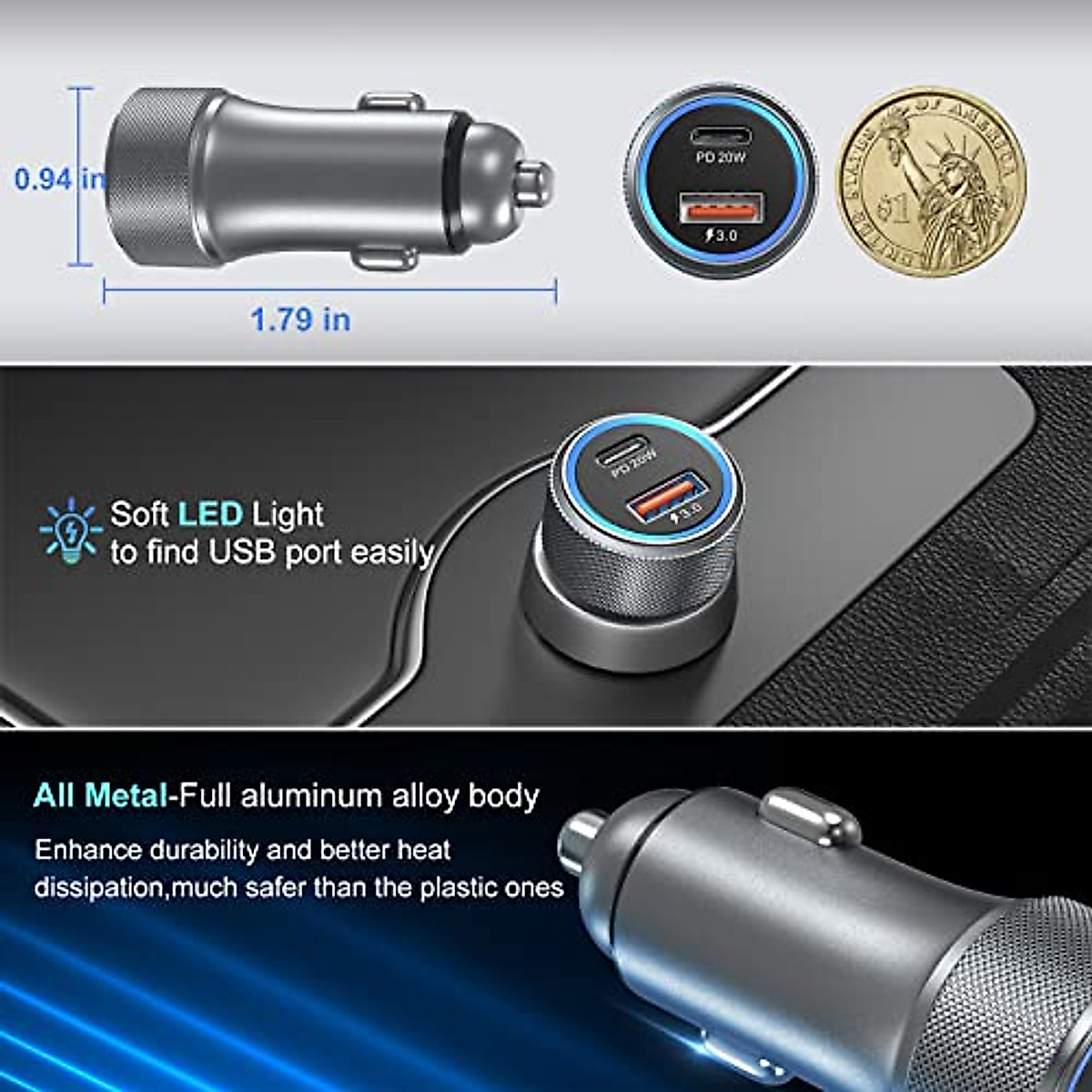 5 Pack USB C Car Charger, Bangfun 36W Dual USB Car Charger Adapter Fast Charge PD&QC 3.0 Cigarette Lighter USB Charger Compatible iPhone 14 13 12 11 Pro Max SE,iPad,Samung S21/S20, Pixel(Grey)