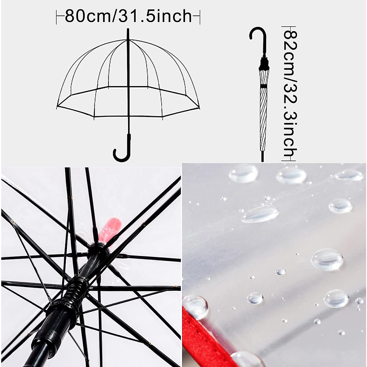 ThreeH Transparent Umbrella Lightwight Windproof Clear Bubble Dome with Easy Grip Handle for Women Kids Stick Rain Umbrella,Red