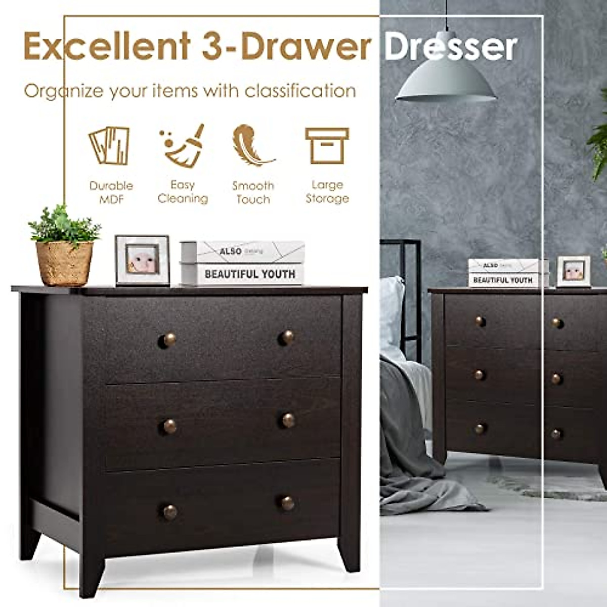 Giantex Drawer Chest with 3 Drawers,Solid Curved Legs and Double Handled Bedside Table Storage Dresser Cabinet for Bedroom, Living Room, Entryway, Nursery 28x 18x 26 Inch Drawer Dresser (Deep Coffee)