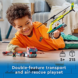 Lego City Great Vehicles Rescue Helicopter Transport Building Kit 60343, with Toy Truck and Toy Helicopter, Pretend Play Toy Vehicle Toys with Minifigures for Kids, Boys and Girls 5 Plus Years Old