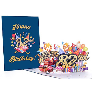 iGifts And Cards Happy 82nd Blue Birthday 3D Pop Up Greeting Card – Awesome 82 Birthday Card For Man, Woman, Happy Eighty Two Birthday Gift For Dad, Mom, Best Husband, Wife Unique Present, 5" X 7"