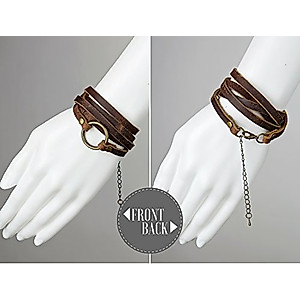 SPUNKYsoul Boho Handmade 5 Wrap Cuff Genuine Leather Antique Gold Circle Adjustable Western Weathered Rustic Bohemian Multi-Layer Bracelet Jewelry Gift for Women (Brown)