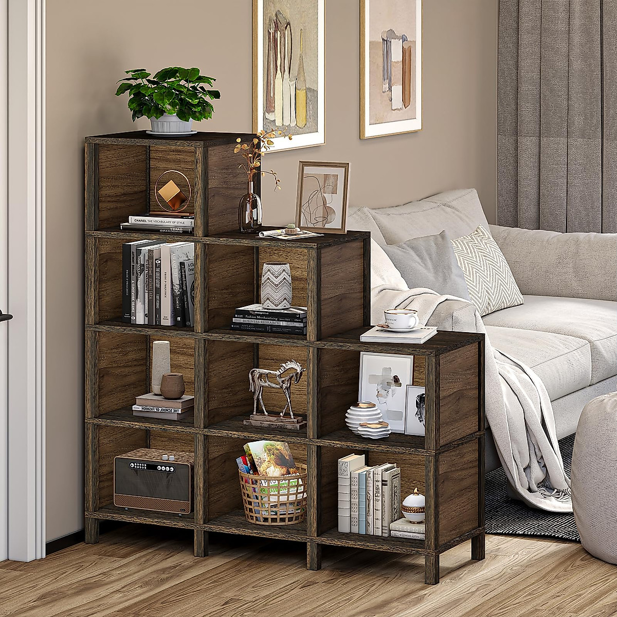 TVU 9-Cube Ladder Bookcase & Bookshelf, Floor Standing Display Storage 12 Shelves Bookshelf (Rustic Brown)