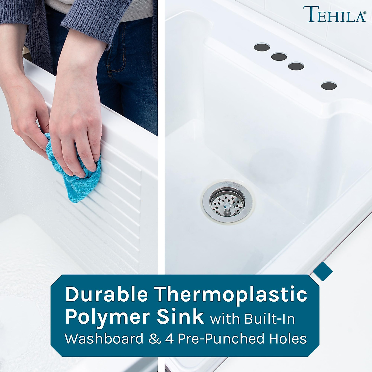 Utility Sink with White Vanity Cabinet by JS Jackson Supplies, Stainless High-Arc Pull-Down Sprayer Faucet, Soap Dispenser and Spacious Vanity for Laundry Room