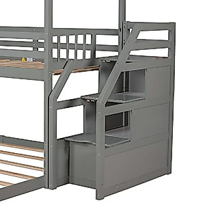 KoiHome Twin Over Full House Bunk Bed with Convertible Slide & Storage Staircase, Wood Bed Frame with Slat Support & Full Length Guardrail for Kids,Teens Bedroom, No Box Spring Needed, Gray