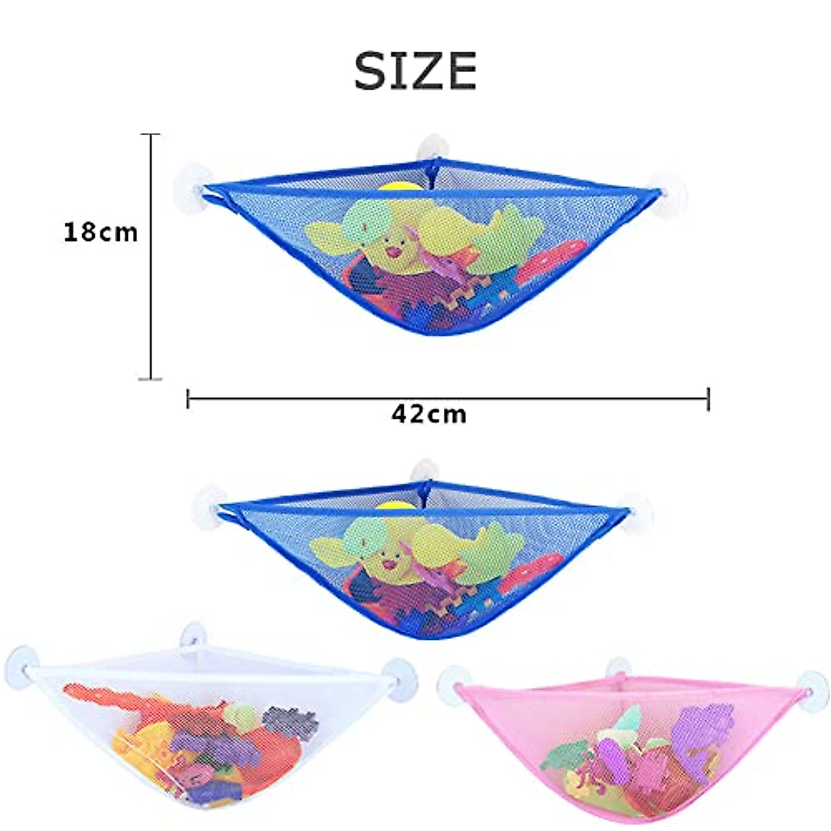 Bath Toy Organizer, with 3 Strong Suction Cups Mounted Bath Toy Storage Net & Bathroom Corner Shower Caddy Bag Bathroom Storage Bag (White)