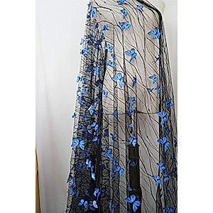 3D Vivid Butterflies Mesh Lace Fabric French Tulle lace for DIY Wedding Dress Costume Accessories Flower Girl Gown Dress Bridal Veil Home Decor (3 Yard, Black mesh+Blue Butterflies)