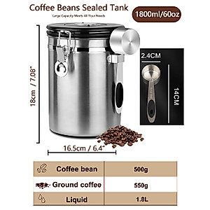 Coffee Canister Airtight Storage Container 1.8L Stainless Steel Air Tight Coffee Jar with Scoop, Date Tracker CO2 Release Valve for Dry Food, Beans, Ground, Tea, Flour, Cereal and Sugar (Silver)