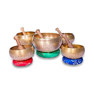 Tibetan Singing Bowl Set of 5, Authentic 7 metals Meditation Sound Bowl for Yoga, Chakra healing, Deep Relaxation, Stress Relief and Mindfulness, Handmade in Nepal, comes w/ silk cushions and 5 sticks