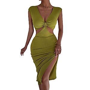 SOLY HUX Women's Sleeveless Deep V Neck Twist Front Cut Out Split Hem Bodycon Dress Olive Green M