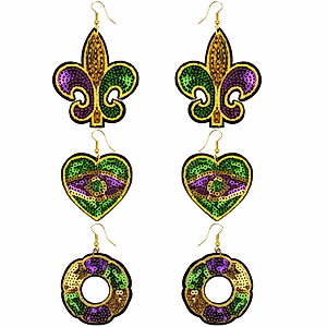 3 Pack Mardi Gras Earrings Fleur De Lis Dangle Earrings Dangle Drop Earrings for Women Mardi Gras Cosplay Accessories